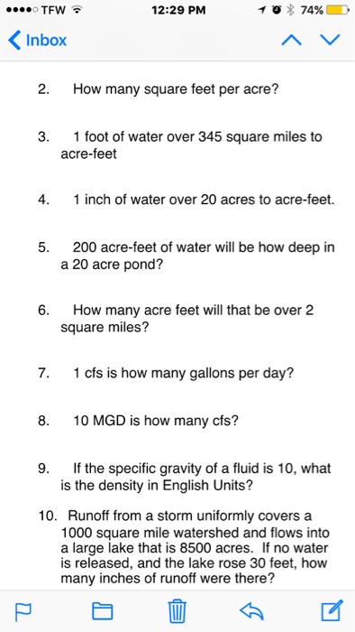 Solved 12:29 PM Inbox 1. How many acres in a square mile? 2. | Chegg.com