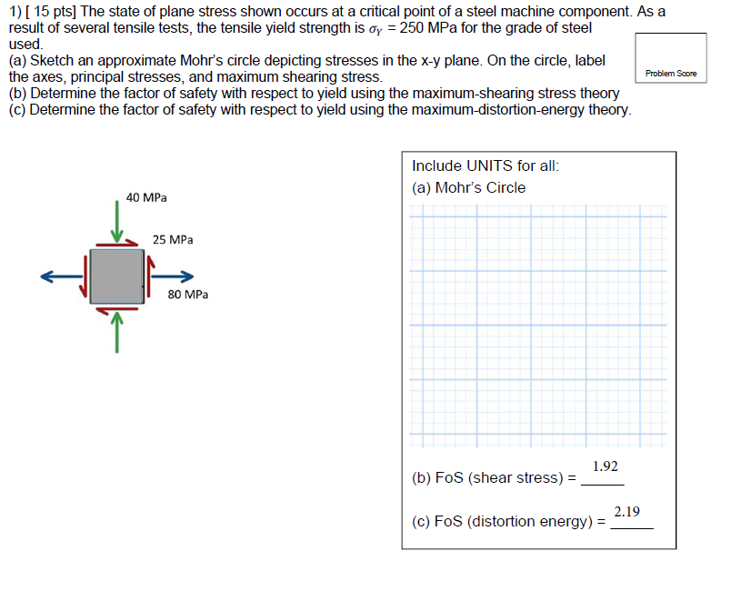 Solved 1) [ 15 pts] The state of plane stress shown occurs | Chegg.com