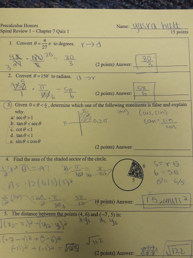 Solved Precaleulus Honors Spiral Review 1 - Chapter 7 Quiz I | Chegg.com