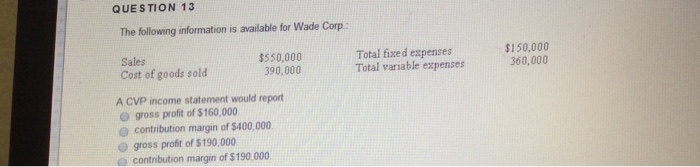 Solved QUESTION 13 The following information is available | Chegg.com
