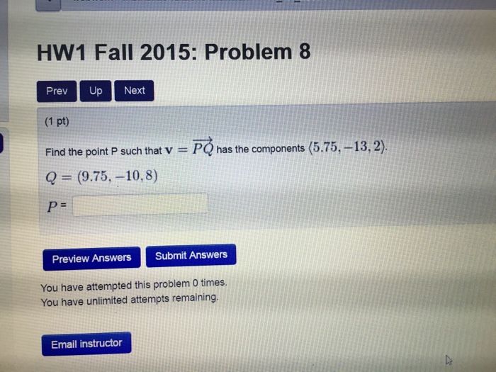 Solved Find the point P such that V = PQ has the components | Chegg.com