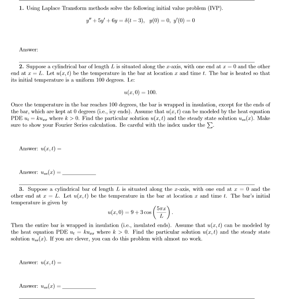 Solved 1. Using Laplace Transform methods solve the | Chegg.com