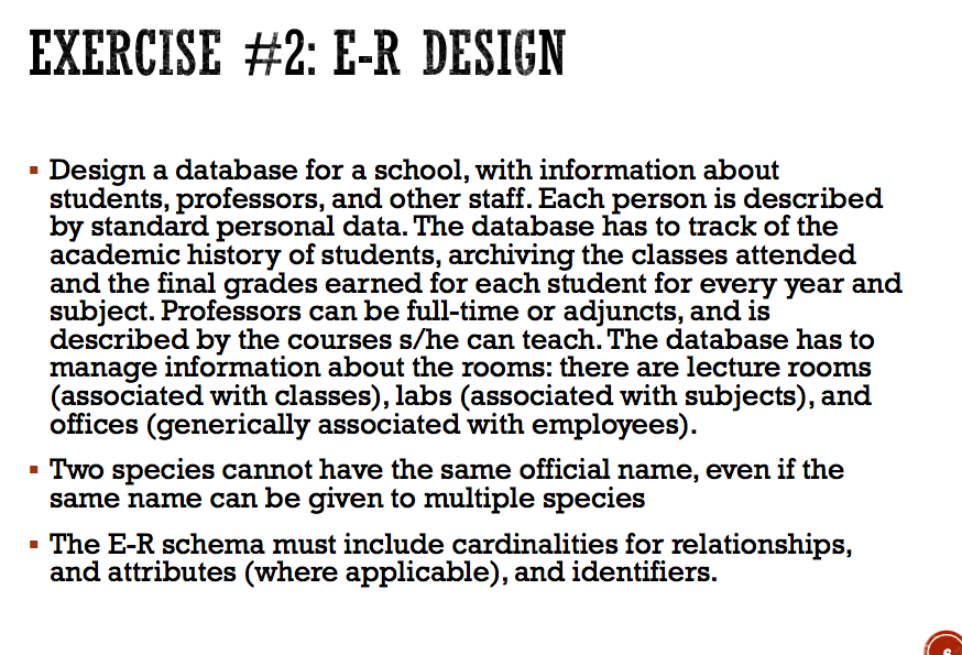 Solved EXERCISE #2: E-R DESIGN - Design a database for a | Chegg.com