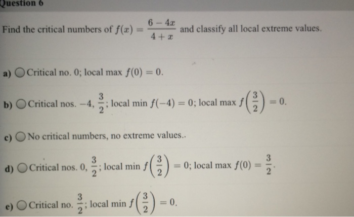Solved Find the critical numbers of f(x) =6 - 4x/4 + x and | Chegg.com