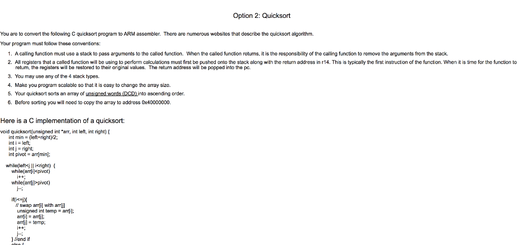 Option 2: Quicksort You are to convert the following | Chegg.com