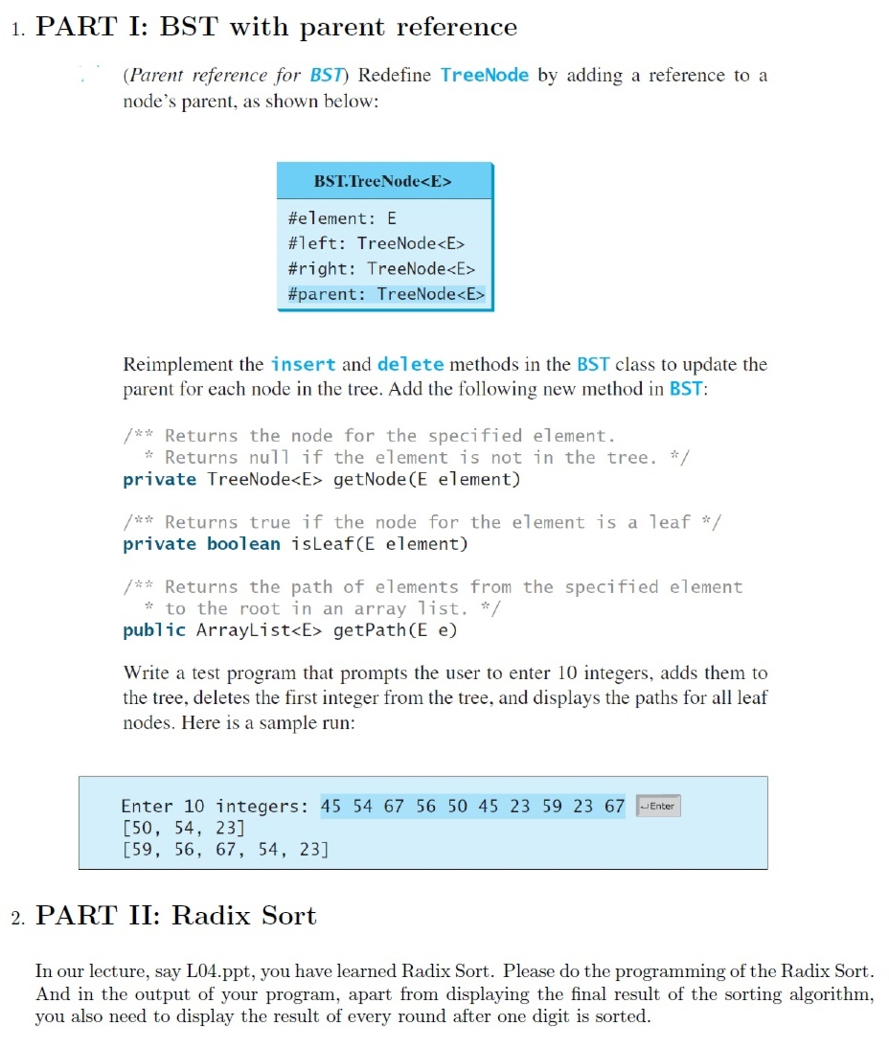 Solved (Parent reference for BST) Redefine TreeNode by | Chegg.com