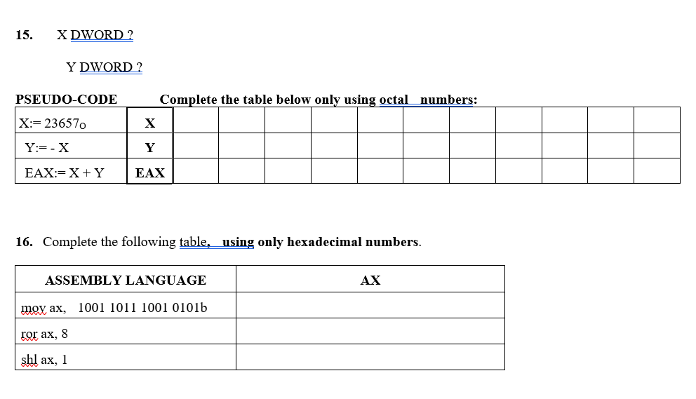Solved 15 X Dword 2 Y Dword2 Pseudo Code Complete The Table 