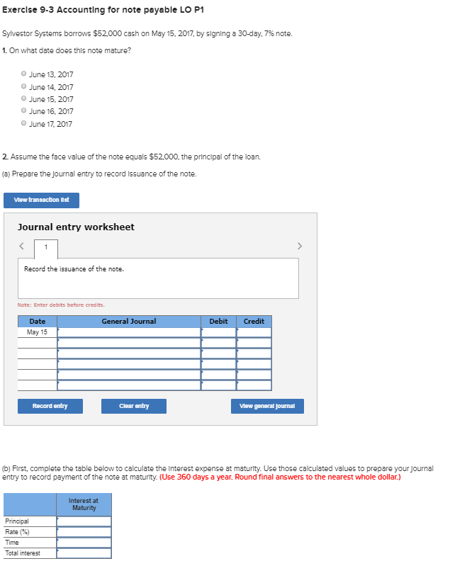 Solved Exerclse 9-3 Accounting for note payable LO P1 | Chegg.com