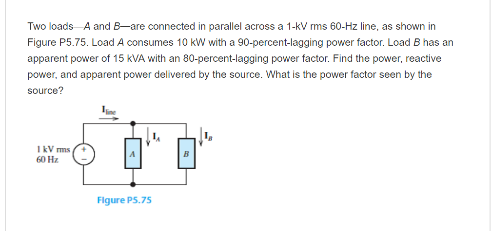 Solved Two loads-A and B-are connected in parallel across a | Chegg.com