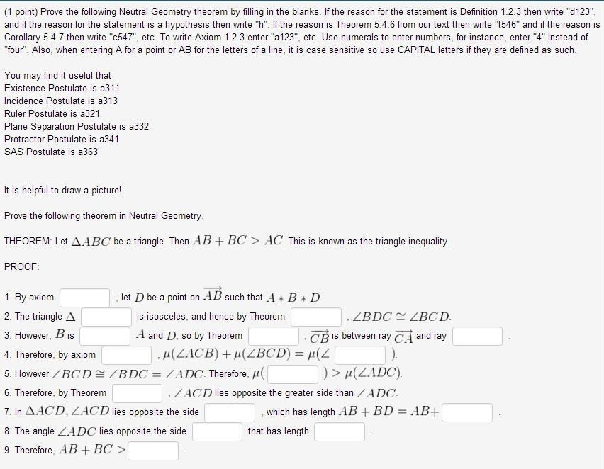 Prove the following Neutral Geometry theorem by | Chegg.com