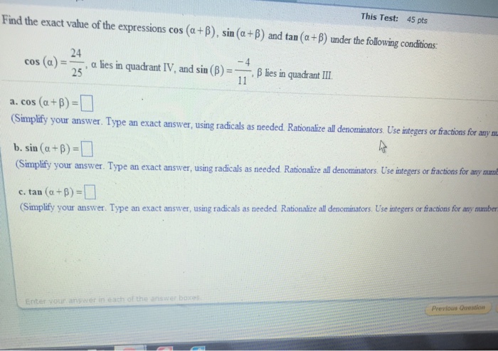 Solved Find the exact value of the expressions cos (alpha + | Chegg.com