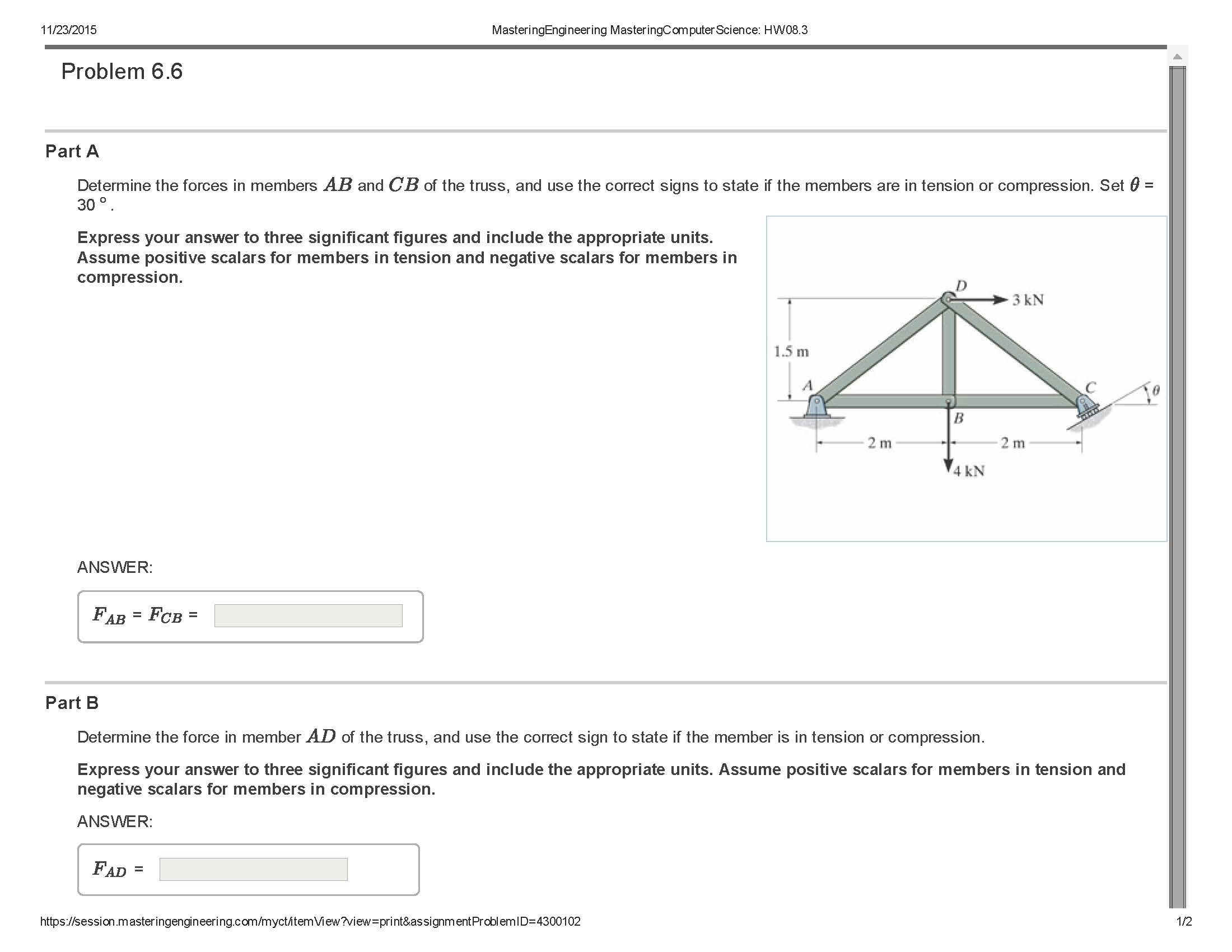 Solved Determine The Force In Member Ab And Cd Of The Truss