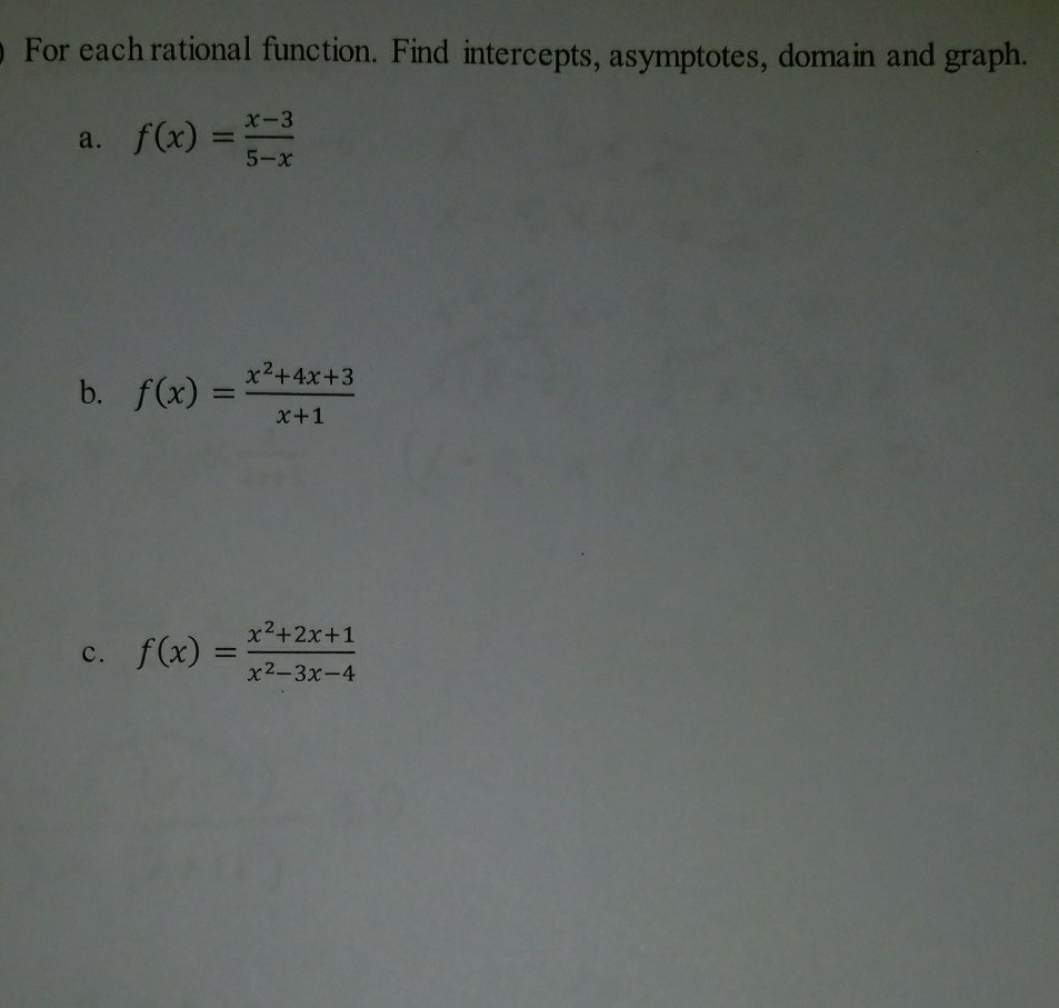 Solved For each rational function. Find intercepts, | Chegg.com