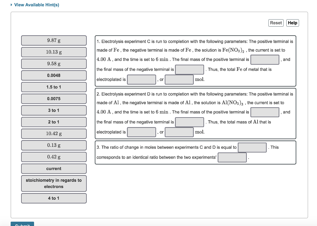 Solved View Available Hint(s) Reset Help 9.87 g 10.13 g 9.58 | Chegg.com