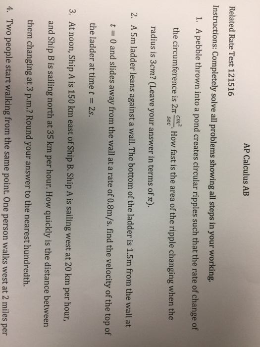 Solved AP Calculus AB Related Rate Test 121516 Instructions: | Chegg.com
