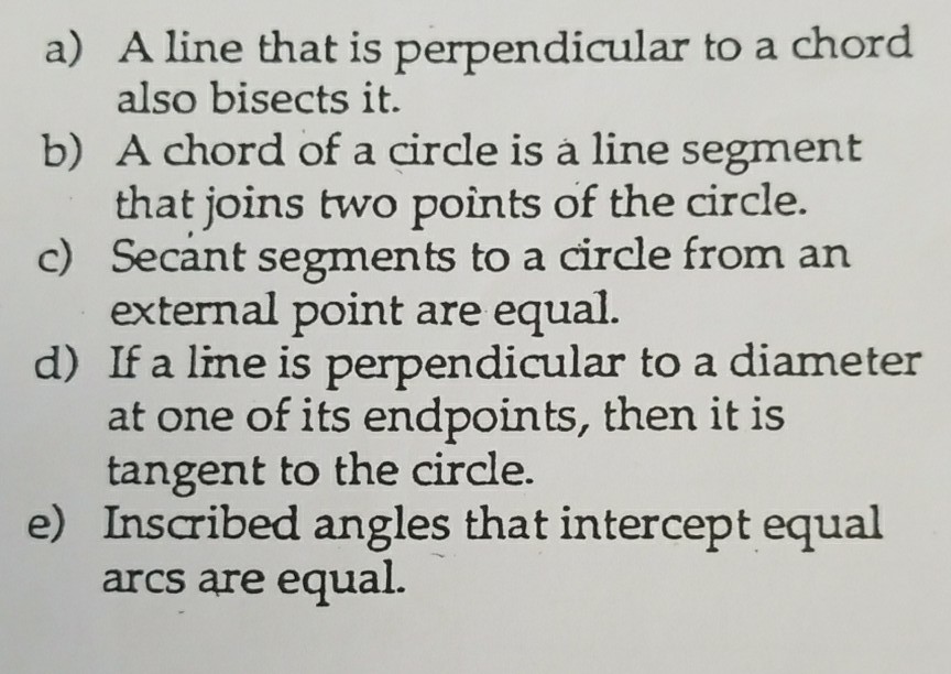 Solved a) A line that is perpendicular to a chord b) A chord | Chegg.com