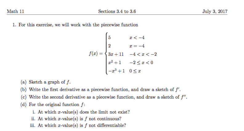 Solved For this exercise, we will work with the piecewise | Chegg.com
