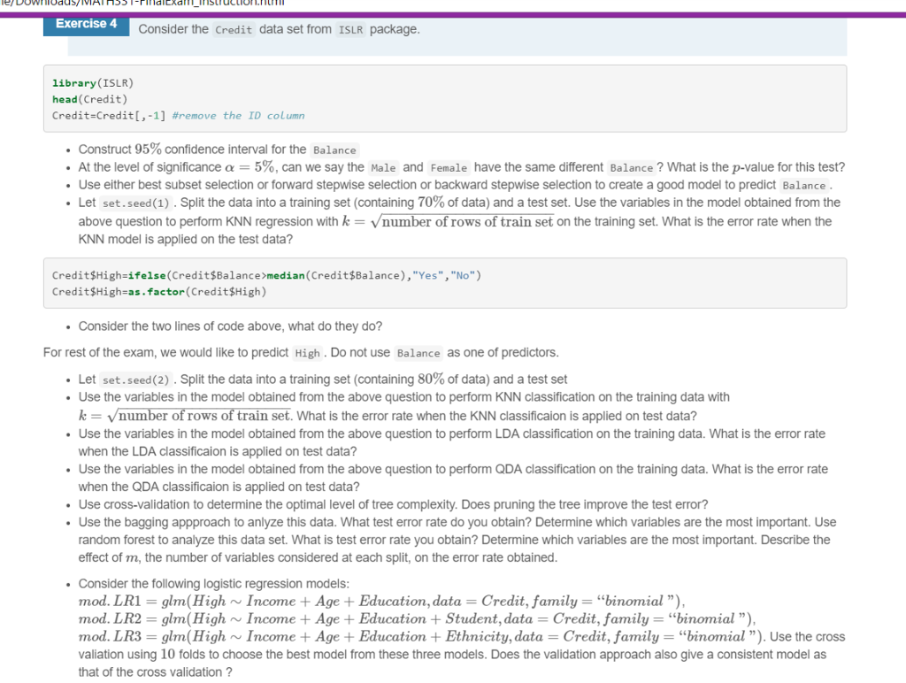 Solved Exercise 4 Consider the Credit data set from ISLR | Chegg.com