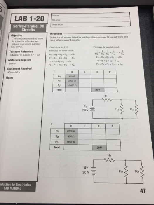 Solved LAB 1-20 Date Due Series-Parallel DC Circuits | Chegg.com