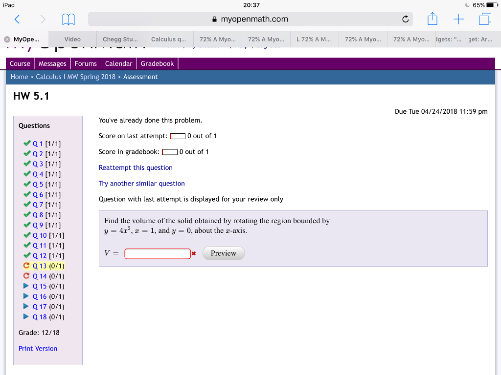 Solved iPad 20:37 65% a myopenmath.com MyOpe... Video Chegg | Chegg.com