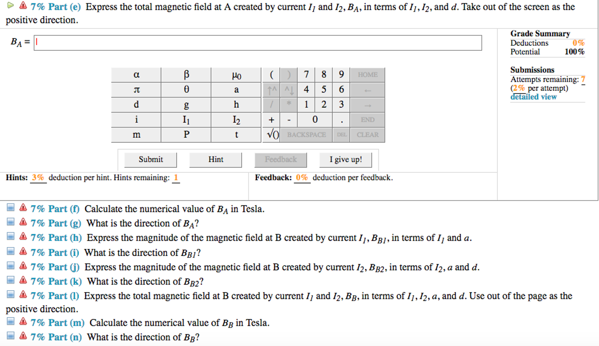 Solved (6%) Problem 9: Consider two long wires with current | Chegg.com