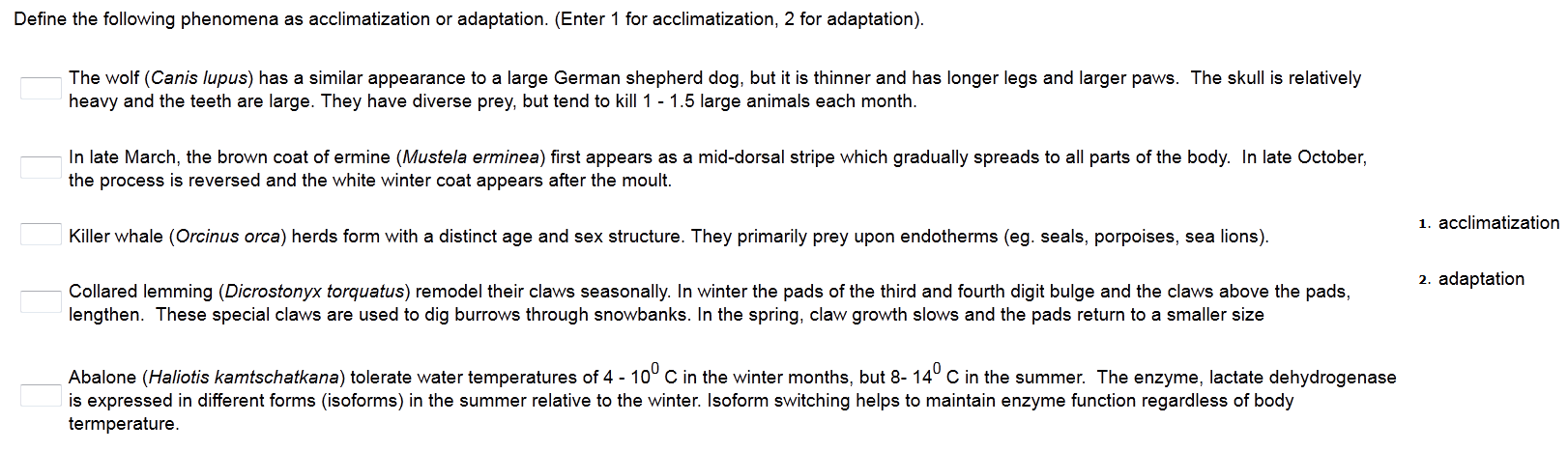 Solved Define the following phenomena as acclimatization or | Chegg.com