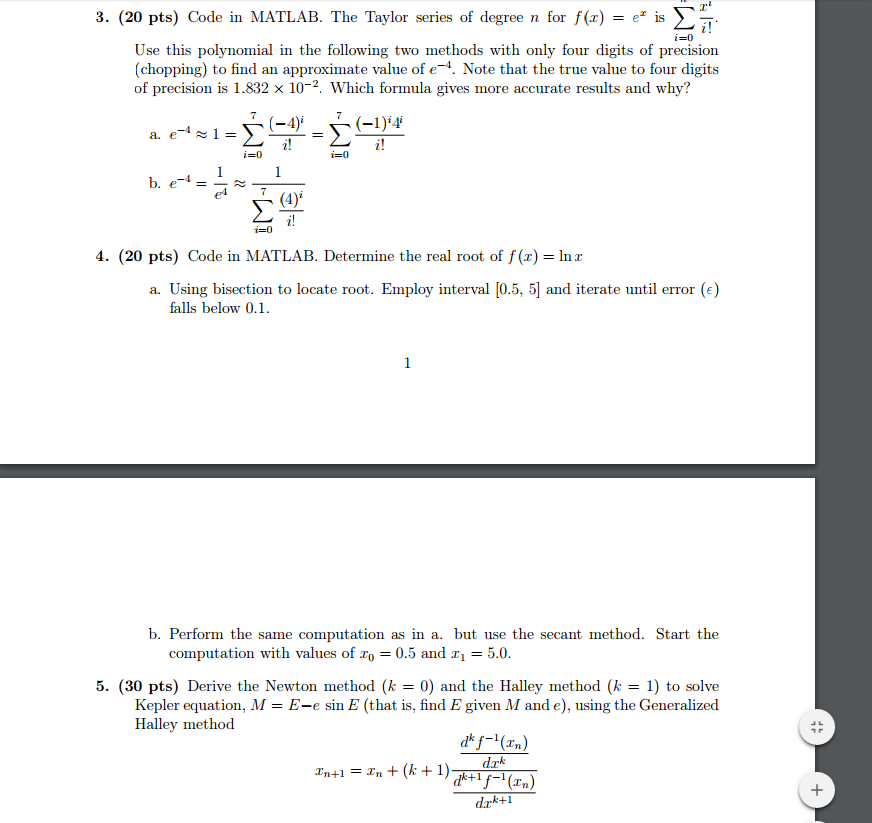 Solved 3. (20 pts) Code in MATLAB. The Taylor series of | Chegg.com