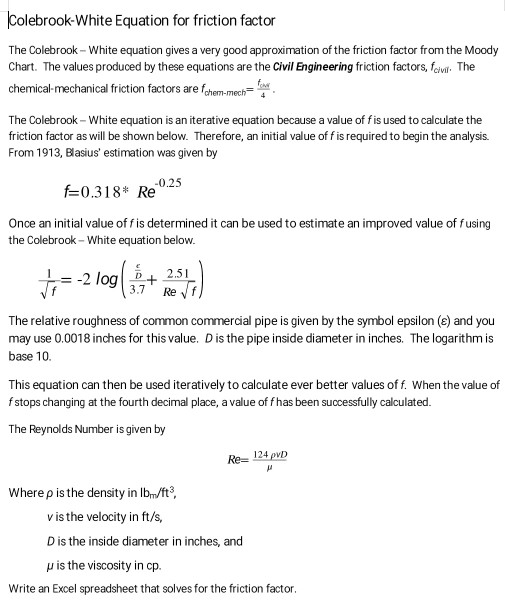 Solved Colebrook- White Equation for friction factor The | Chegg.com