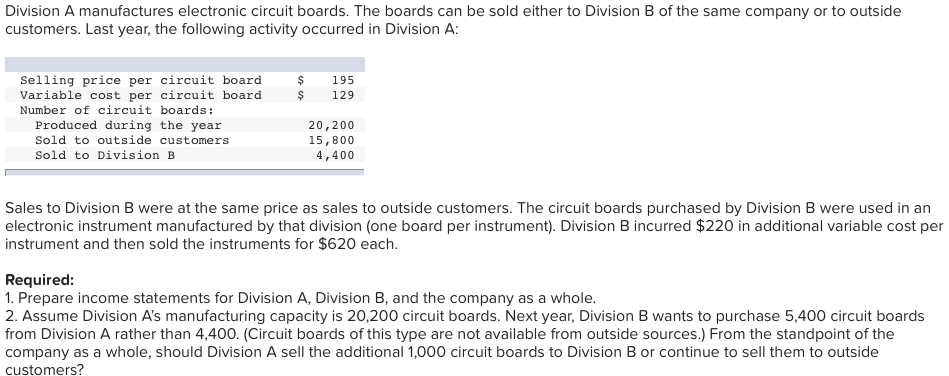 Solved Division A manufactures electronic circuit boards. | Chegg.com