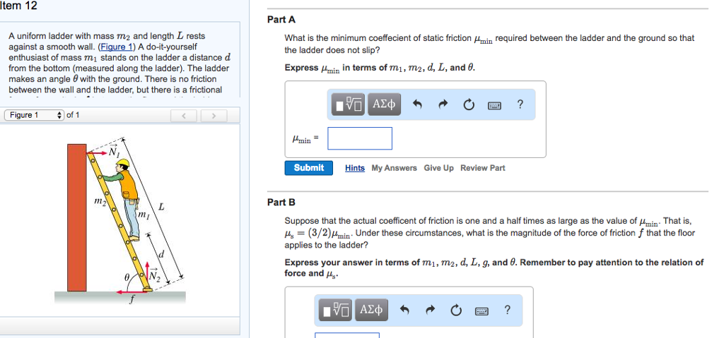 Solved A uniform ladder with mass m_2 and length L rests | Chegg.com