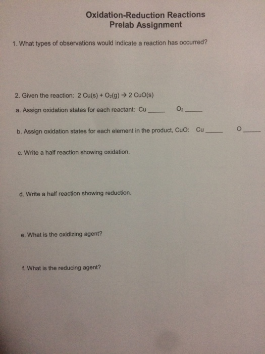 Solved Oxidation and reduction reaction prelab assignment. I | Chegg.com