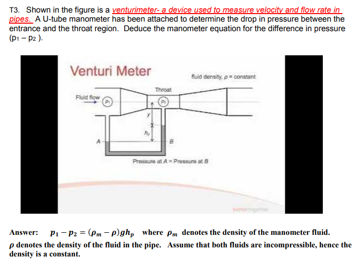 Solved T3. Shown in the figure is a venturimeter-a device | Chegg.com