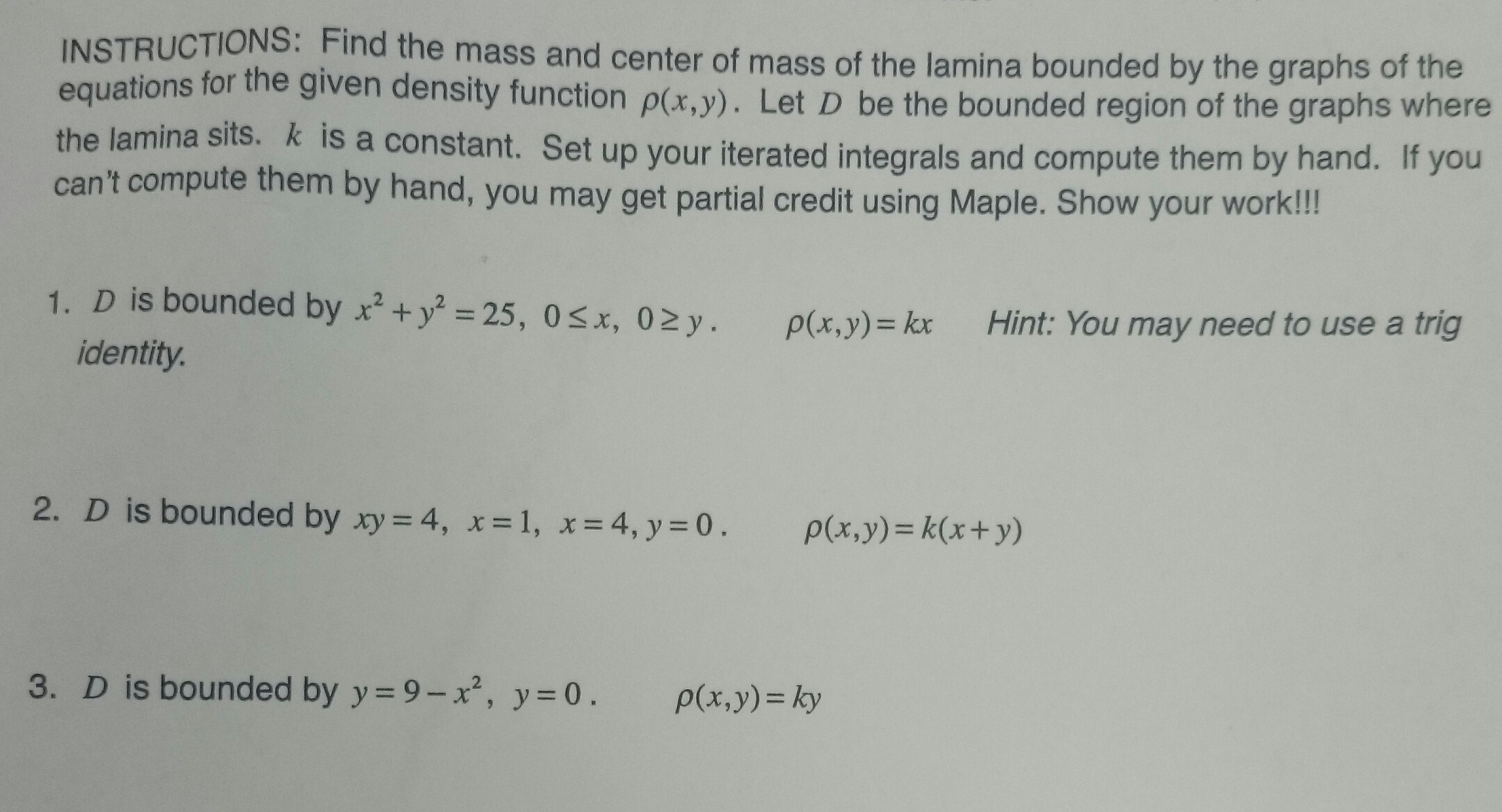 find the mass and center of mass of the lamina | Chegg.com
