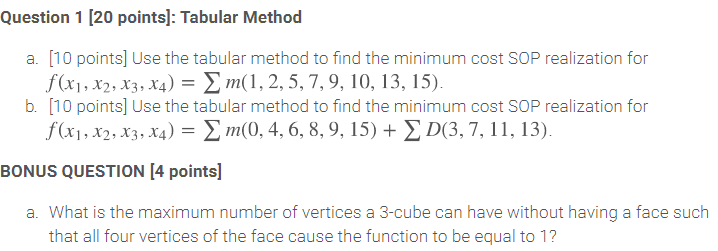 Solved Use the tabular method to find the minimum cost SOP | Chegg.com