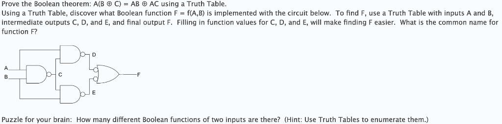 Solved Prove the Boolean theorem: A(B θ C)-AB AC using a | Chegg.com