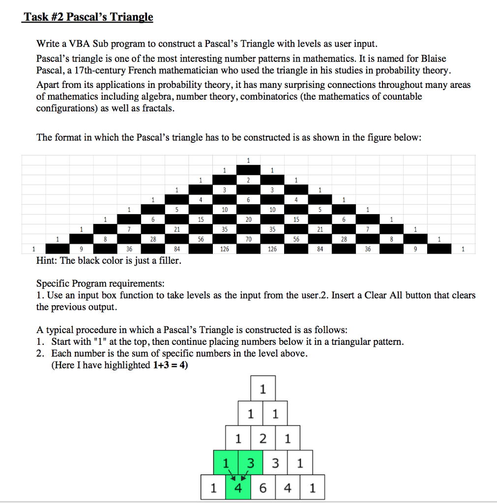 Write a VBA Sub program to construct a Pascal's | Chegg.com