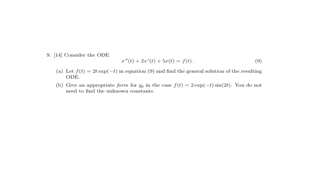 Solved 9. [14] Consider the ODE r"(t)+2r'(t) 5r(t)-f(t) (a) | Chegg.com