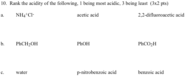 Solved 10. Rank the acidity of the following, 1 being most | Chegg.com