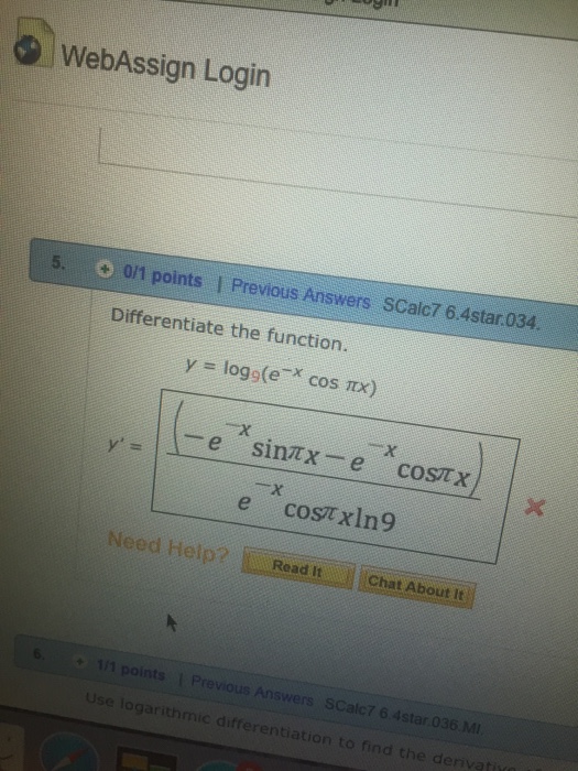 Solved Differentiate the function y = log9(e^-x cos pix) | Chegg.com