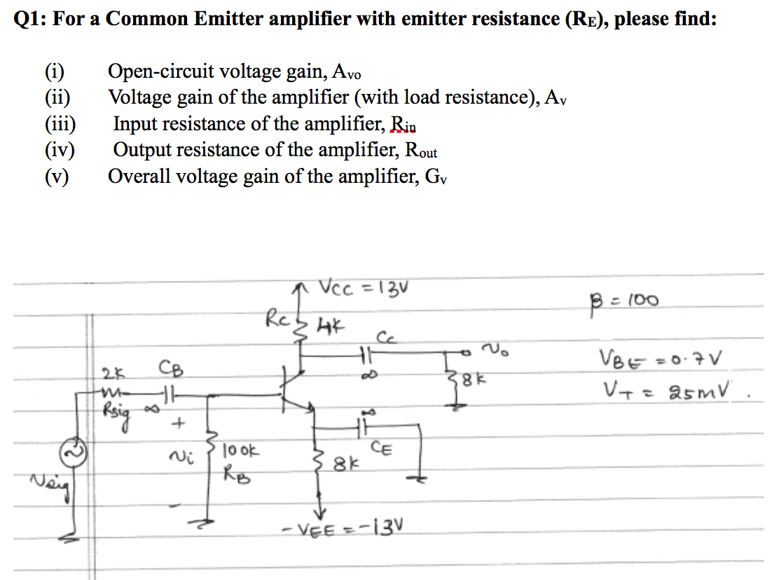 Solved For a Common Emitter amplifier with emitter | Chegg.com
