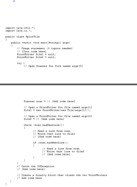 Solved Finish the following program “SplitFile.java” below | Chegg.com