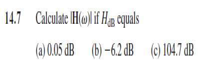 Solved Calculate |H(w)| if HdB equals (a) 0.05 dB (b) -6.2 | Chegg.com