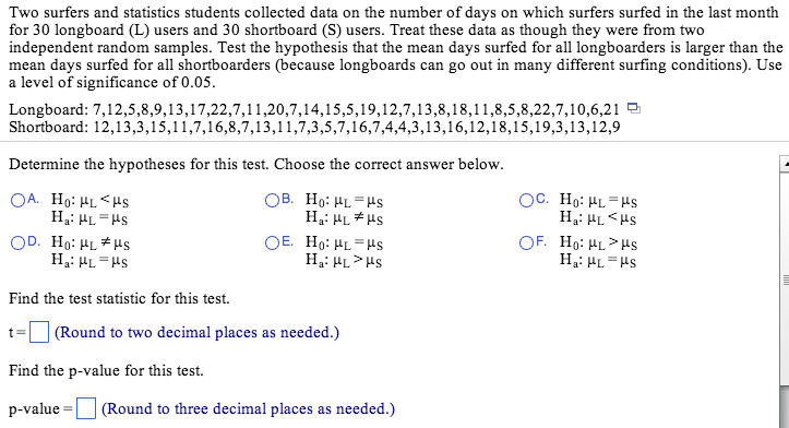 Solved Two surfers and statistics students collected data on | Chegg.com