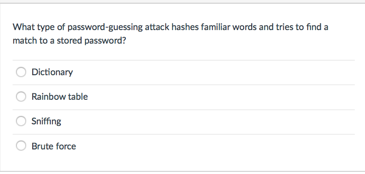 Solved What type of password-guessing attack hashes familiar | Chegg.com