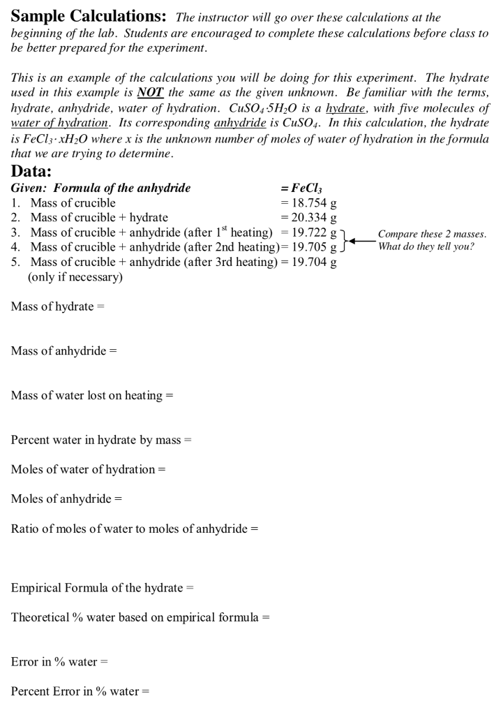 Solved In this calculation, the hydrate is FeCl3 xH2O where | Chegg.com