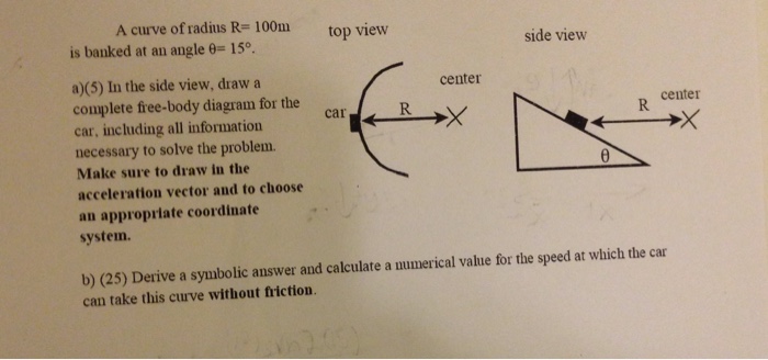 Solved A curve of radius R= 100m top view is banked at an | Chegg.com