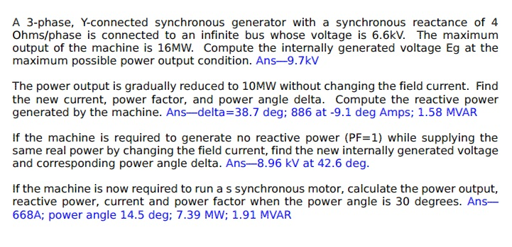 Solved A 3-phase, Y-connected synchronous generator with a | Chegg.com