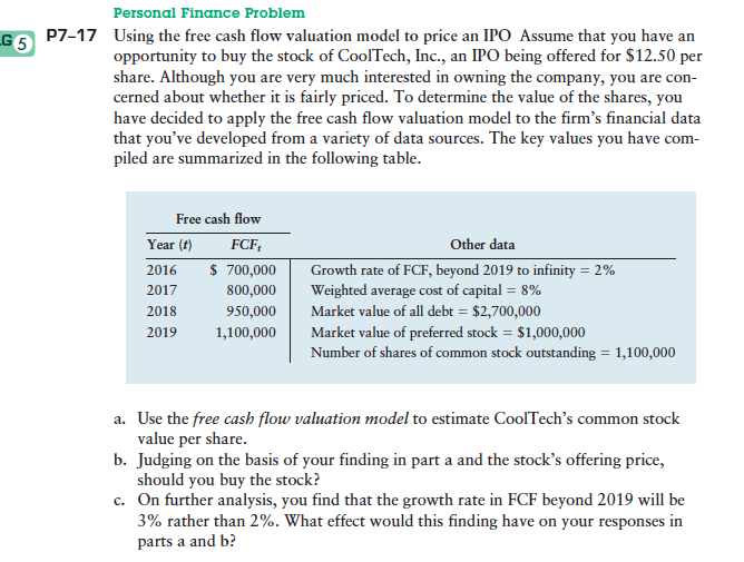 Solved Using the free cash flow valuation model to price an | Chegg.com