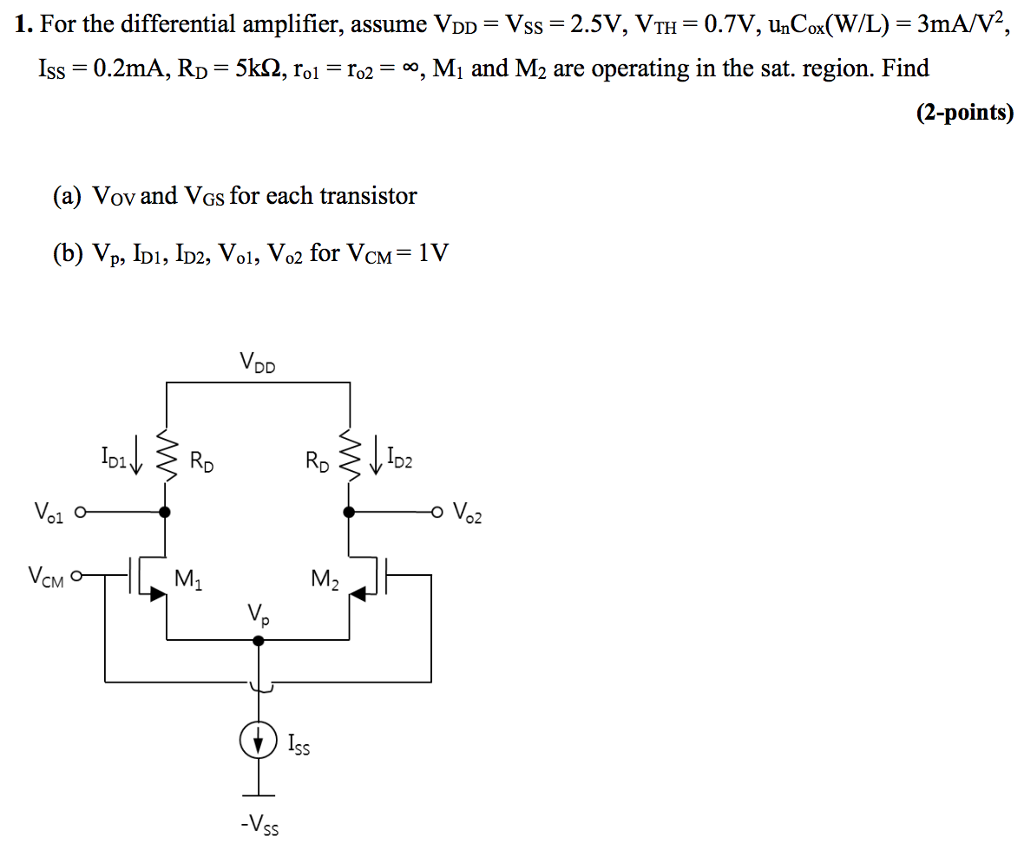 Solved 1. For the differential amplifier, assume VDD = Vss = | Chegg.com