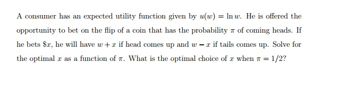 Solved A consumer has an expected utility function given by | Chegg.com